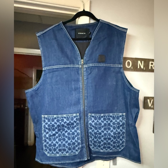 Coach | Jackets & Coats | Coach Denim Blue Vest Zip Up With Signature ...